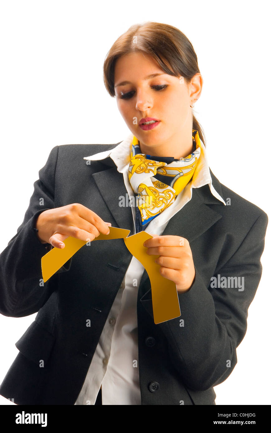 cute hostess in black suit showing some tickets with a great smile ...