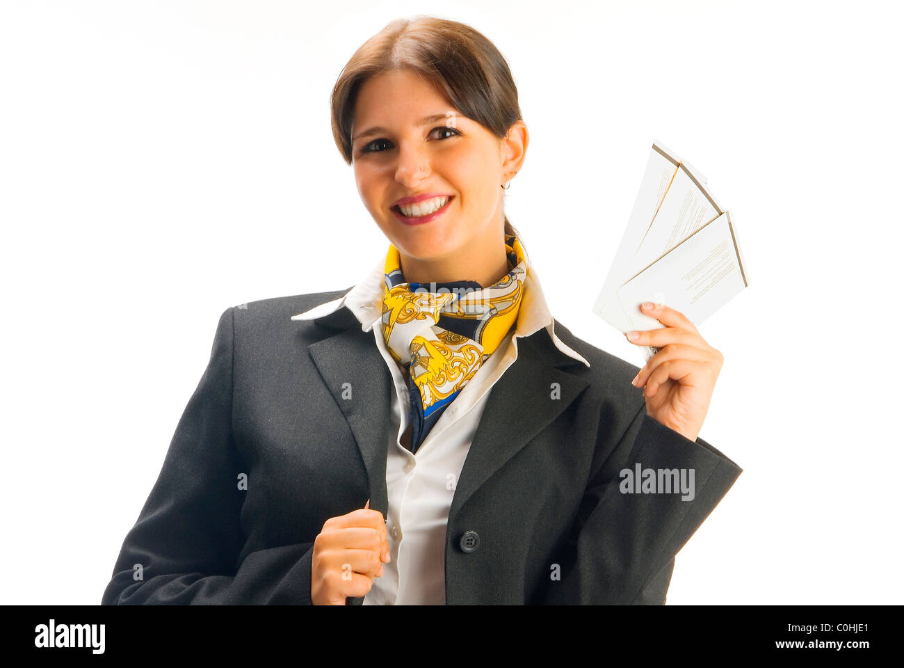 cute hostess in black suit showing some tickets with a great smile ...
