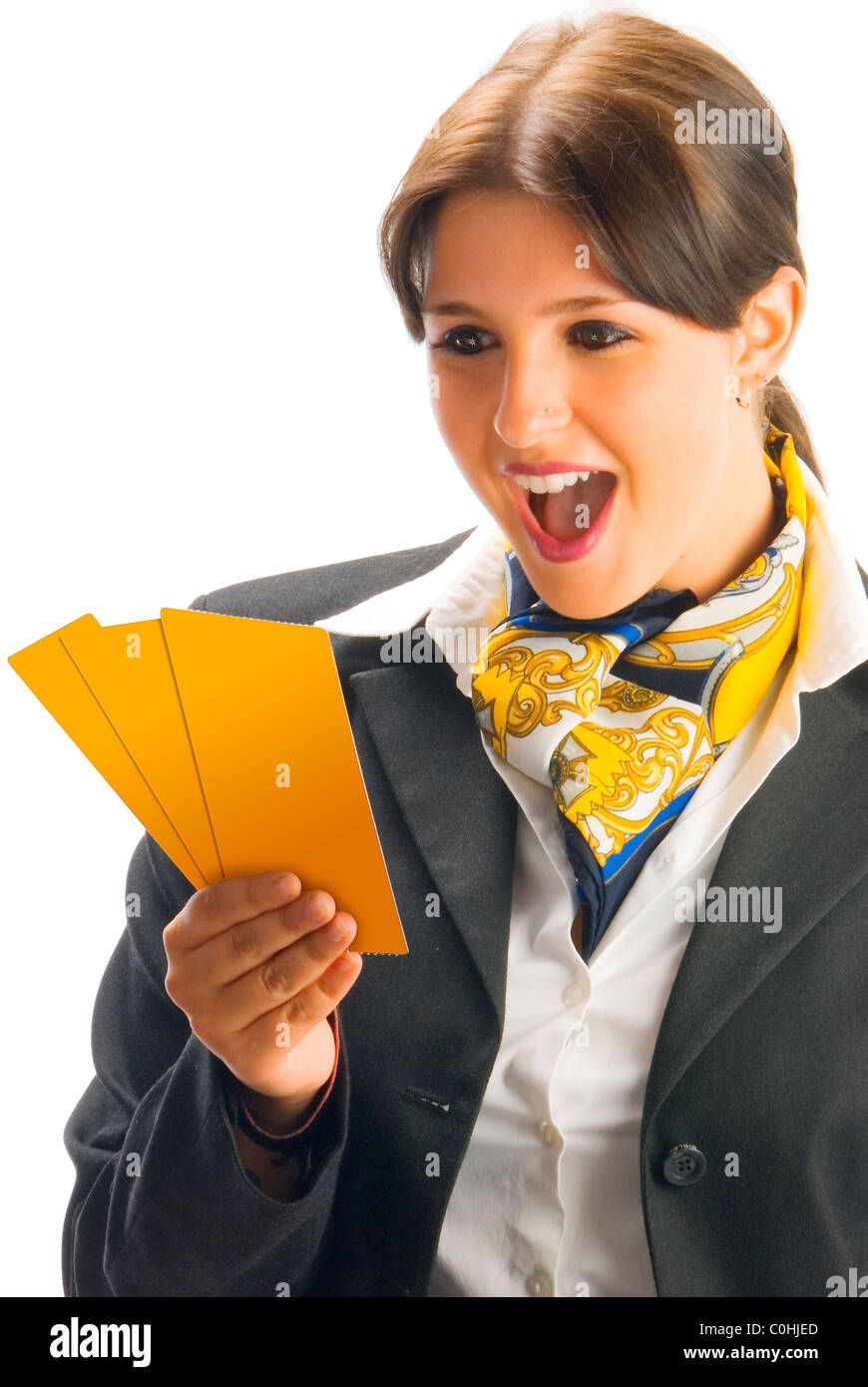 cute and young woman in black suit checking some tickets and making a ...