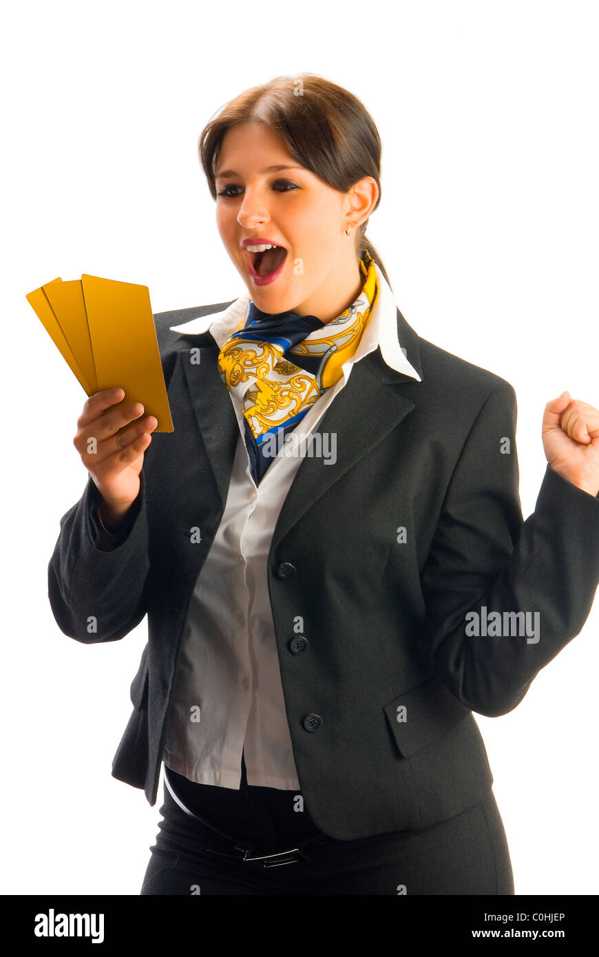cute and young woman in black suit checking some tickets and making a ...