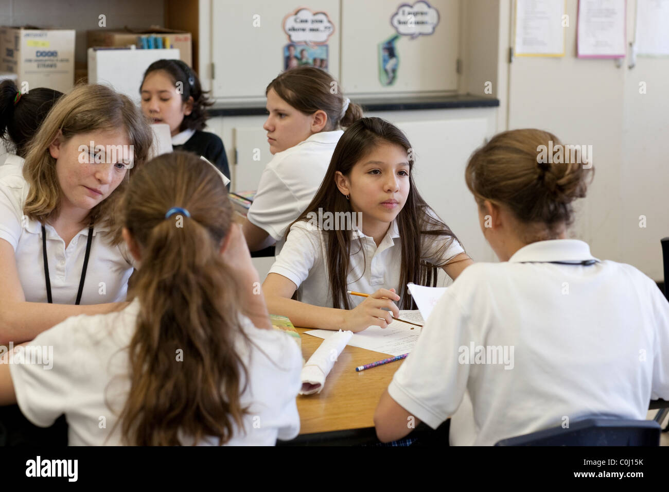 Multi-cultural group of students in a middle school classroom at Ann ...