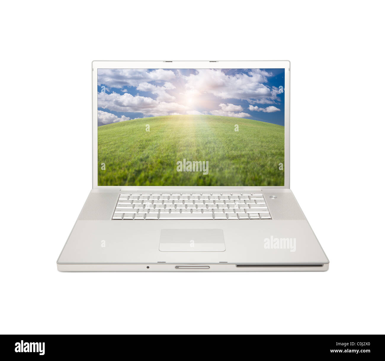 Silver Computer Laptop with Arched Horizon of Grass Field and Sky ...