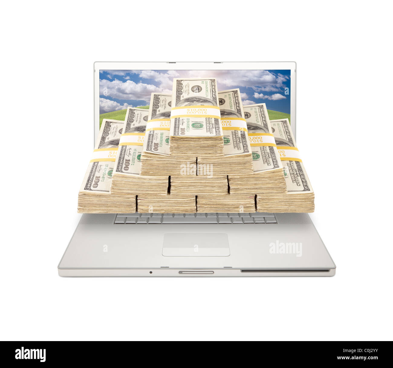 Silver Computer Laptop Isolated on White with Stacks of Hundred Dollar ...