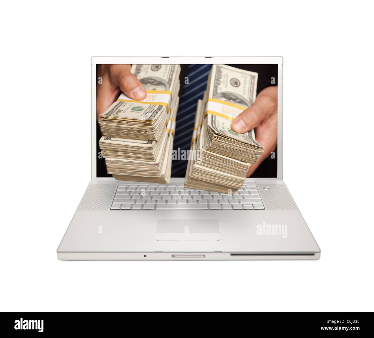Man Handing Stacks of Money Through Laptop Screen Isolated on a White ...