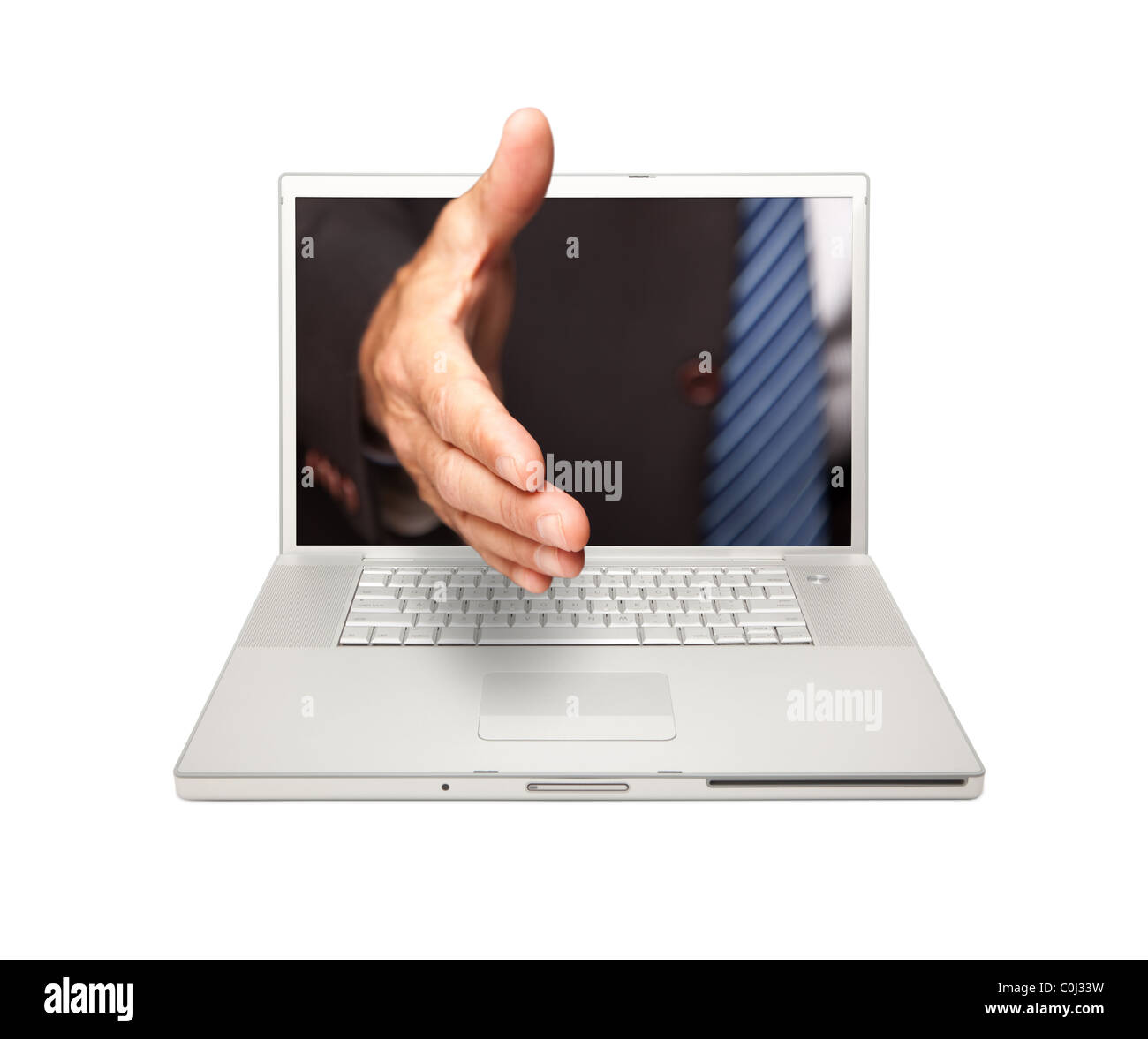 Man reaching handshake through laptop hi-res stock photography and ...