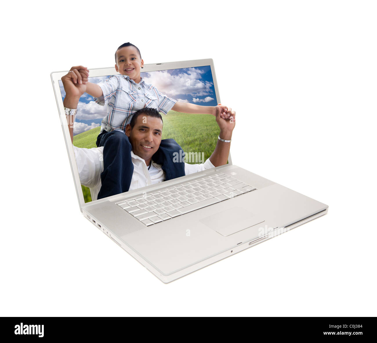 Happy Hispanic Father and Son in Laptop Screen Isolated on White Stock ...