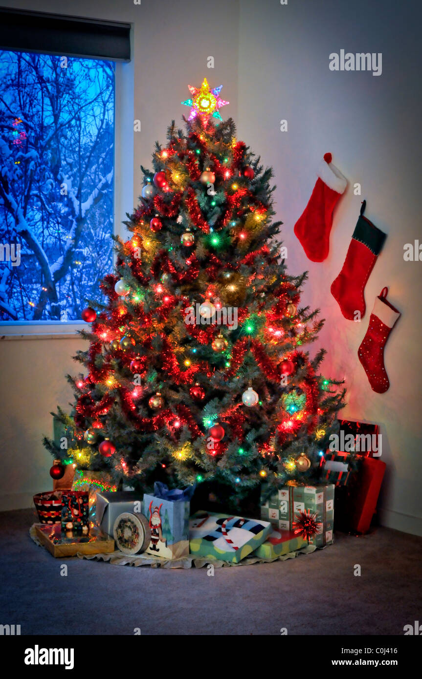 Christmas tree with lights Stock Photo - Alamy