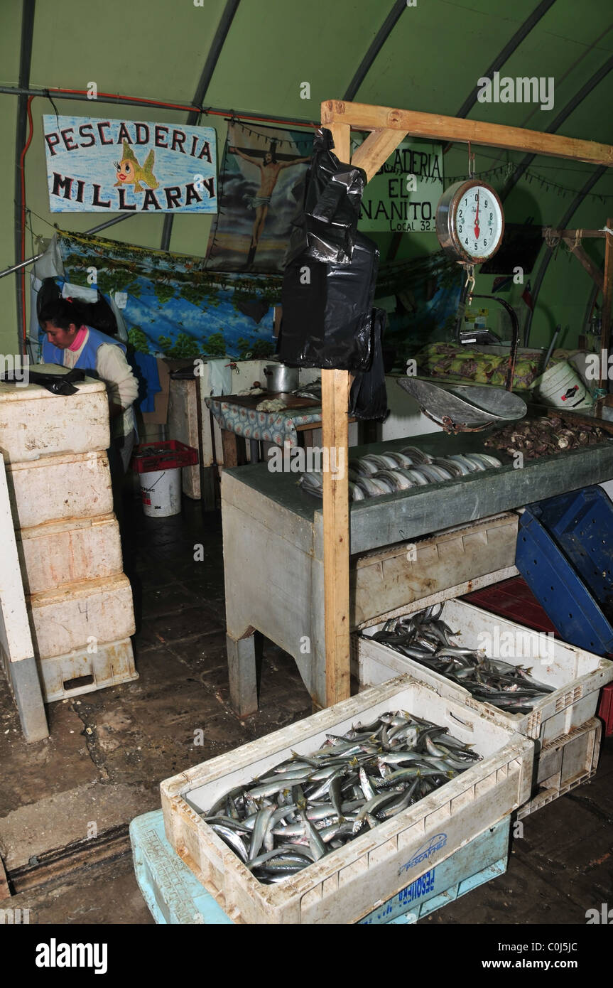 Wet fish market stall, with weigh-scale, lady worker, boxes of ...