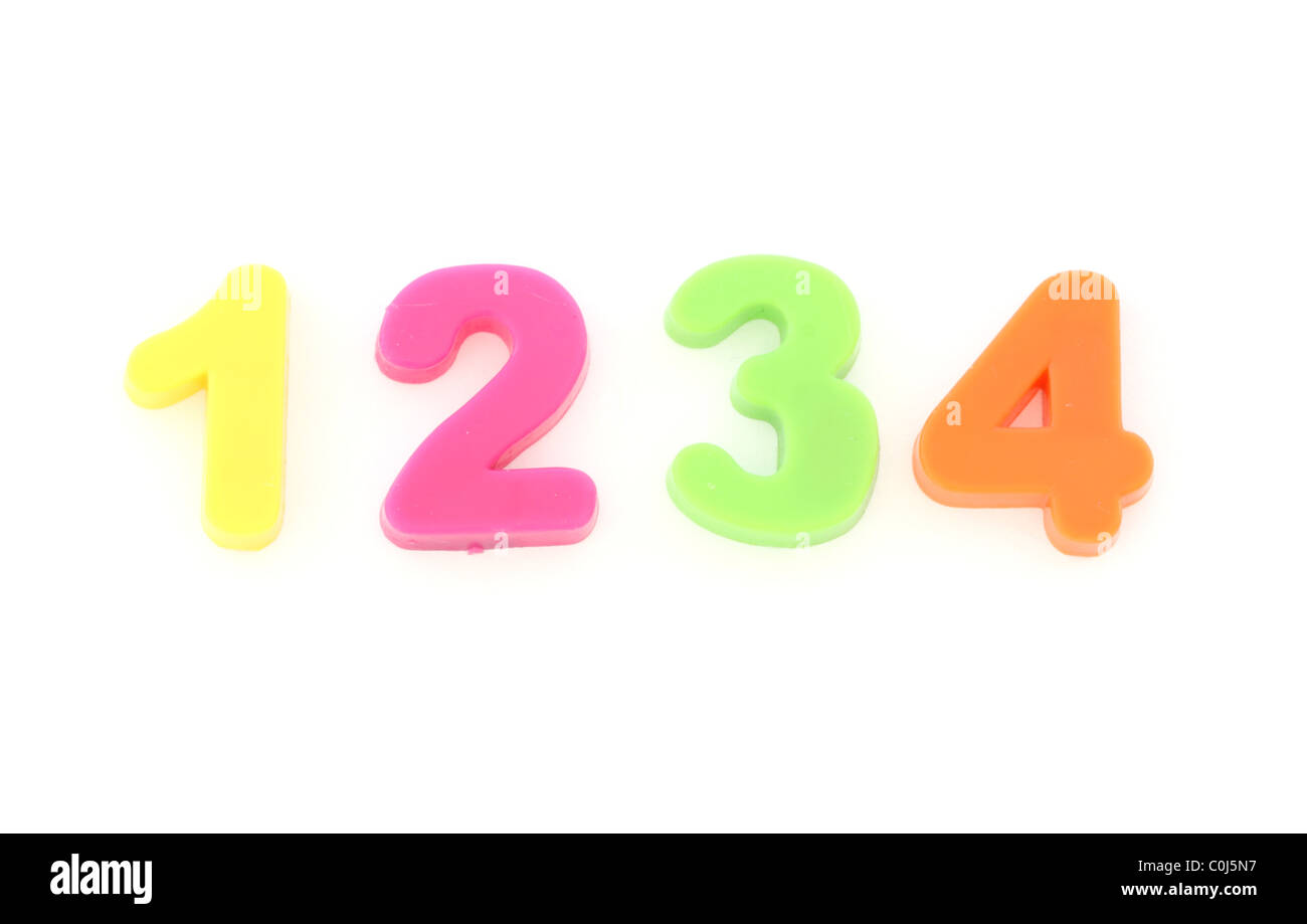 Numbers formed from plastic colourful toy digits on white background ...