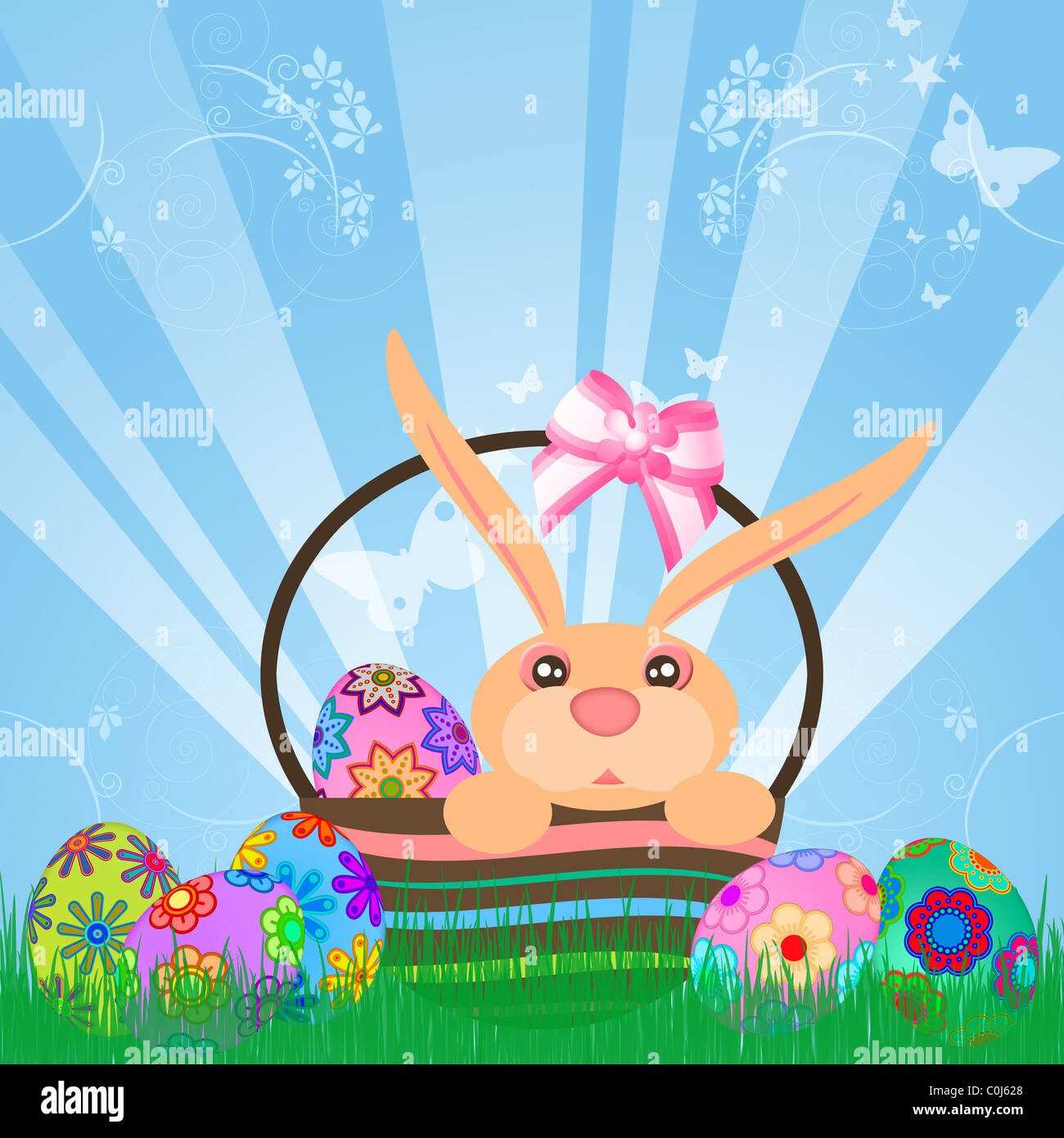 Easter Eggs Bunny Rabbit in Basket Floral Design Sky Rays Grass ...
