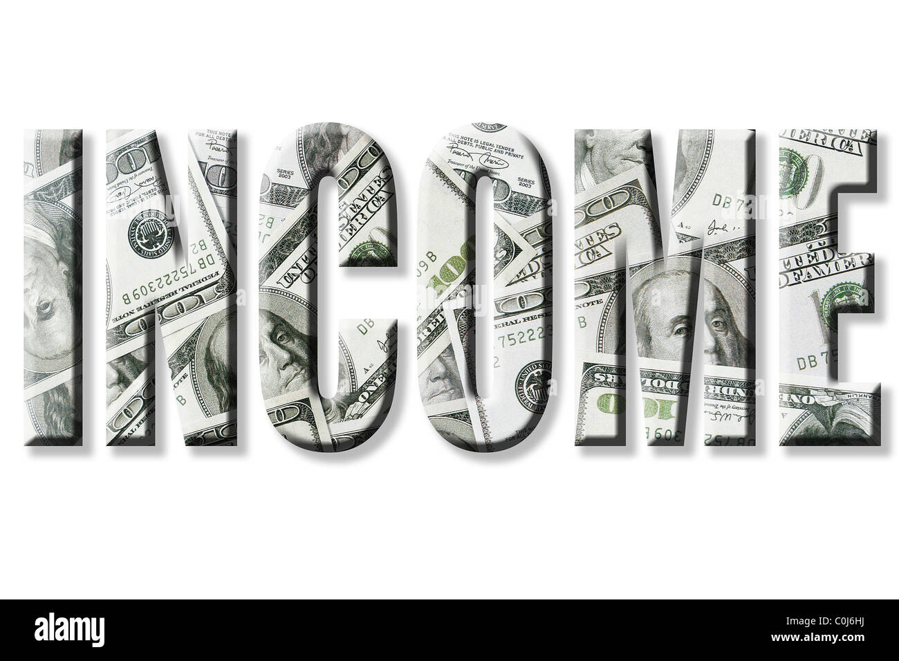 Income word superimposed on one hundred dollar bill background over ...