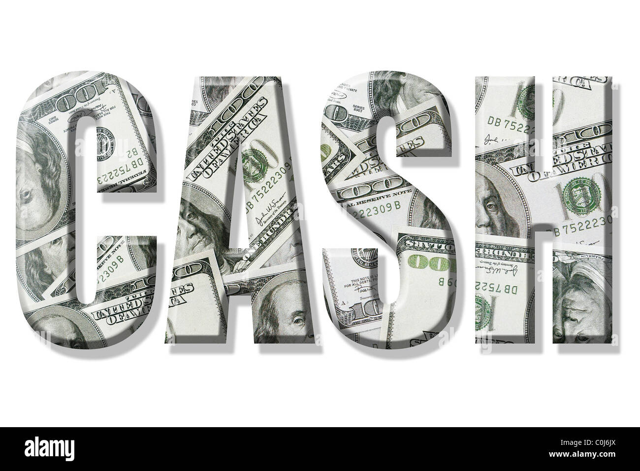Cash word superimposed on one hundred dollar bill background over white ...