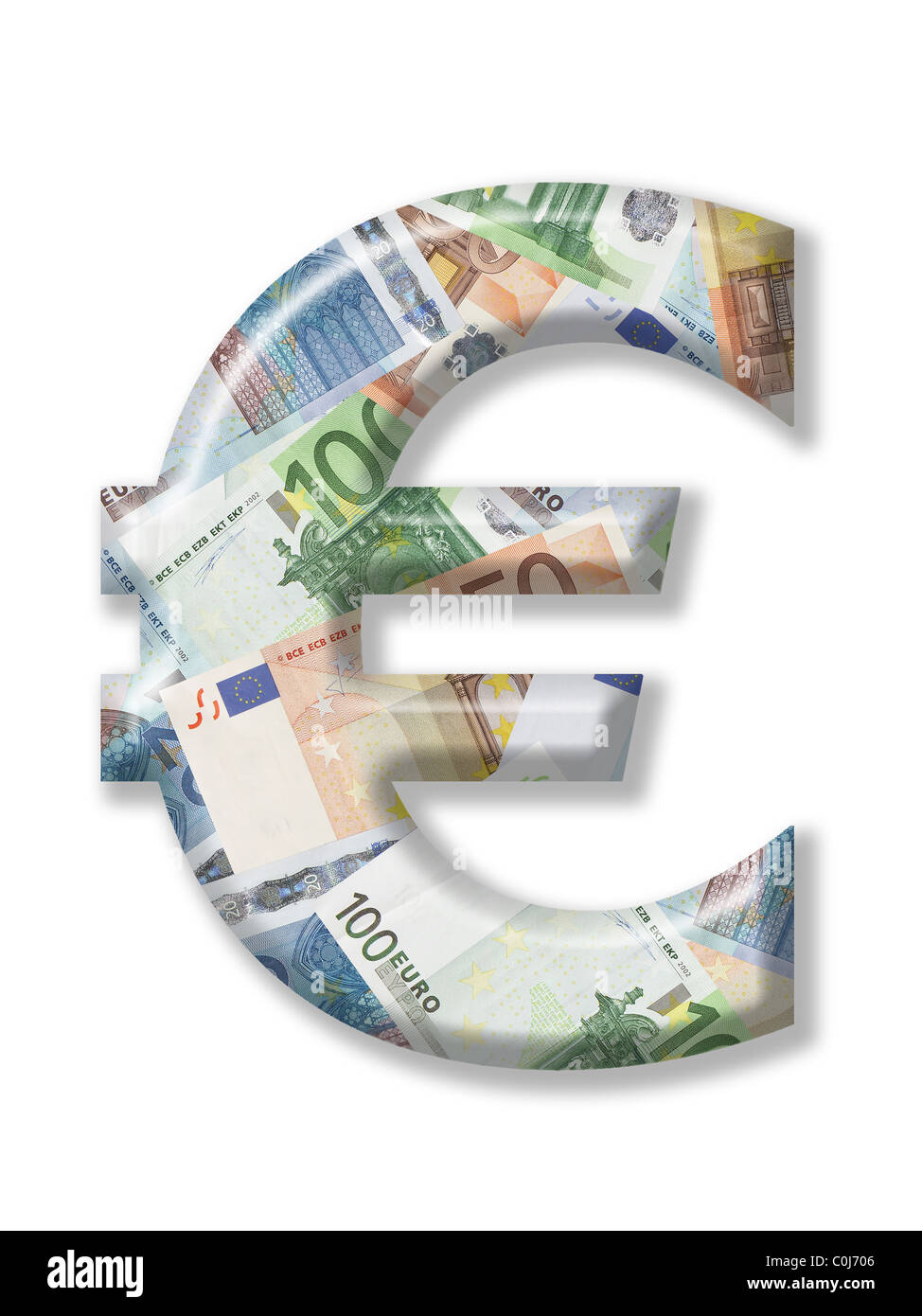 3D euro symbol superimposed on background of twenty, fifty and one ...