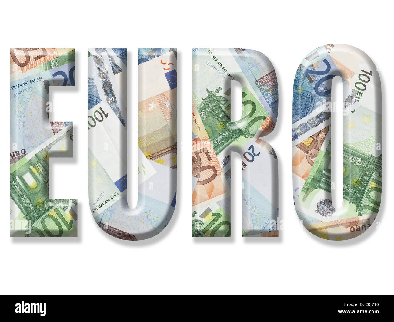 Euro word superimposed on background of twenty, fifty and one hundred ...