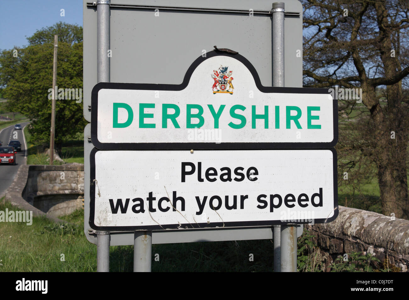 Derbyshire boundary sign asking drivers to Please watch your speed ...