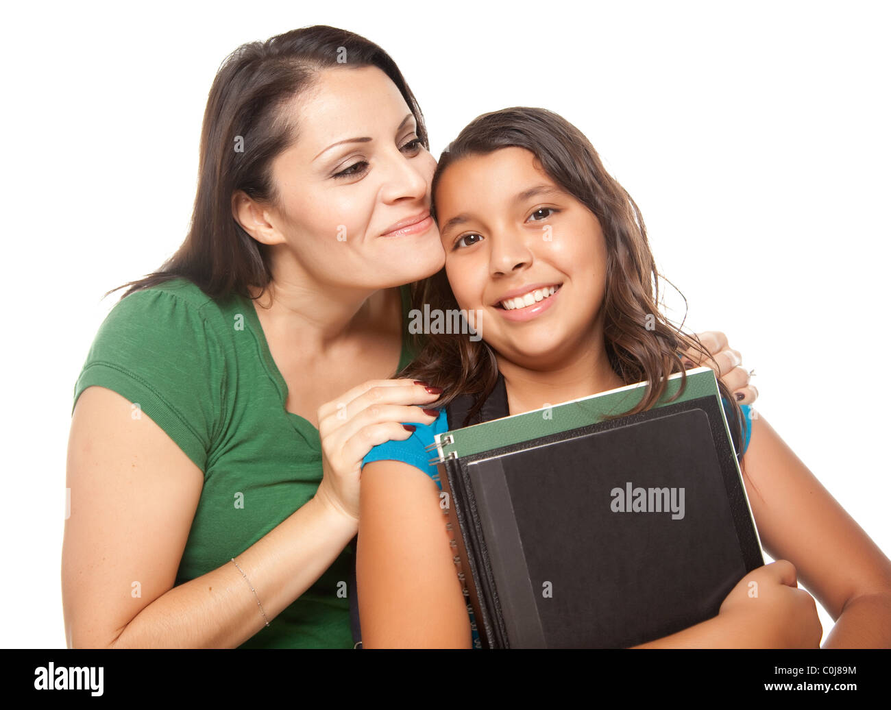 Proud Hispanic Mother and Daughter Ready for School Isolated on a White ...