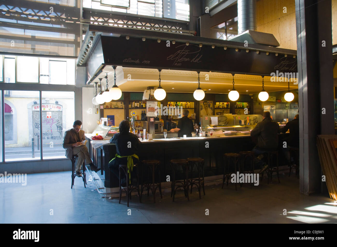 Cafe counter inside Mercat Barceloneta market hall Barcelona Catalunya ...
