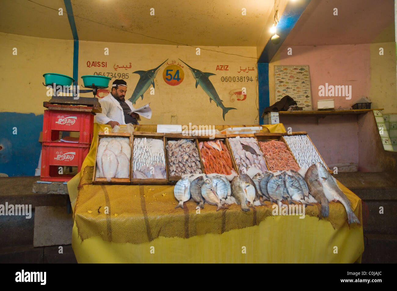 Fish stall at the seafood market in Marina harbour Agadir the Souss ...