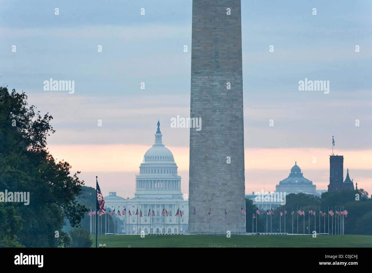 Early morning view of the Washington Monument and Capitol Dome Stock ...