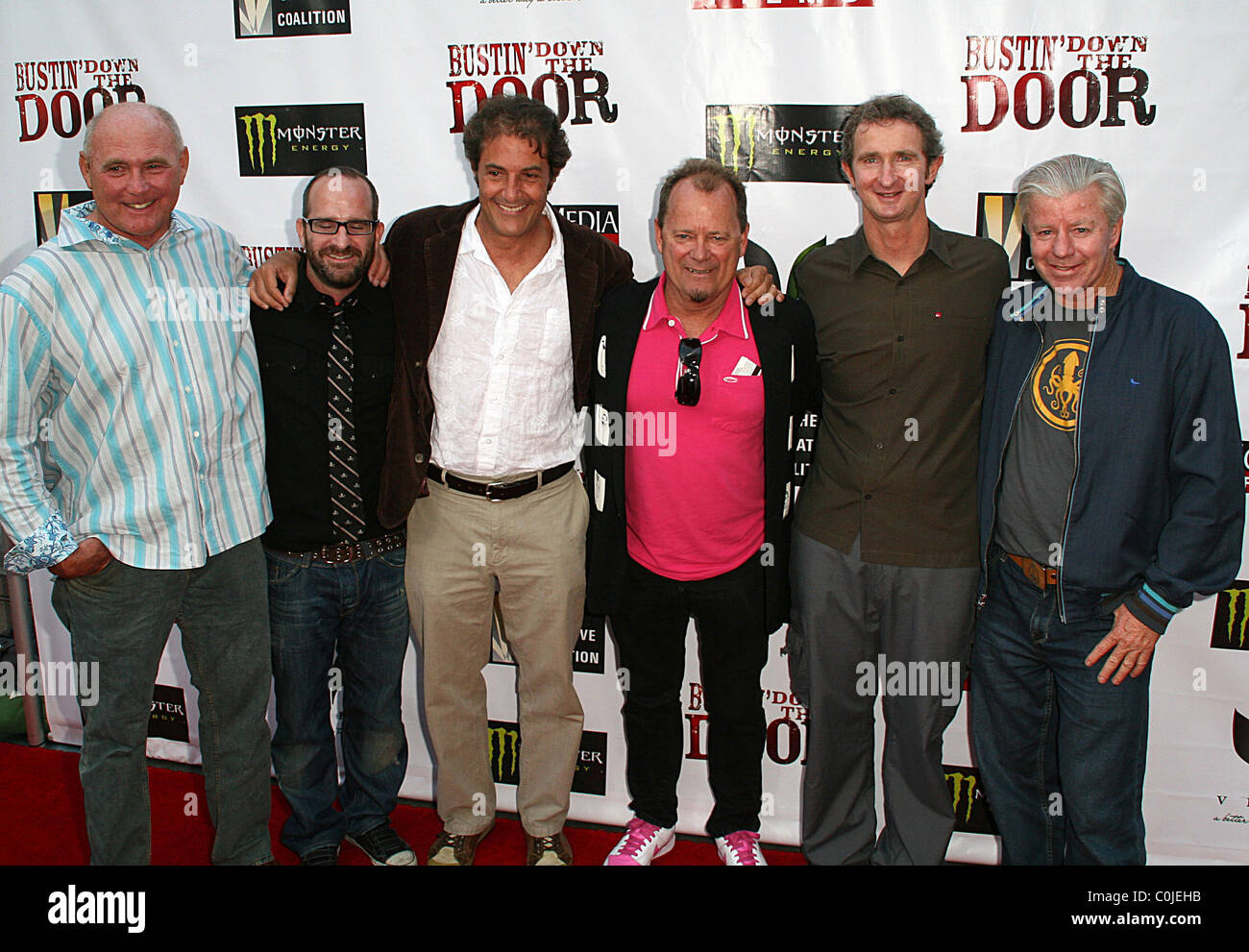 Ian Cairns, director Jeremy Gosch, pro-surfer Shaun T and guests Premiere of 'Bustin' Down The ...