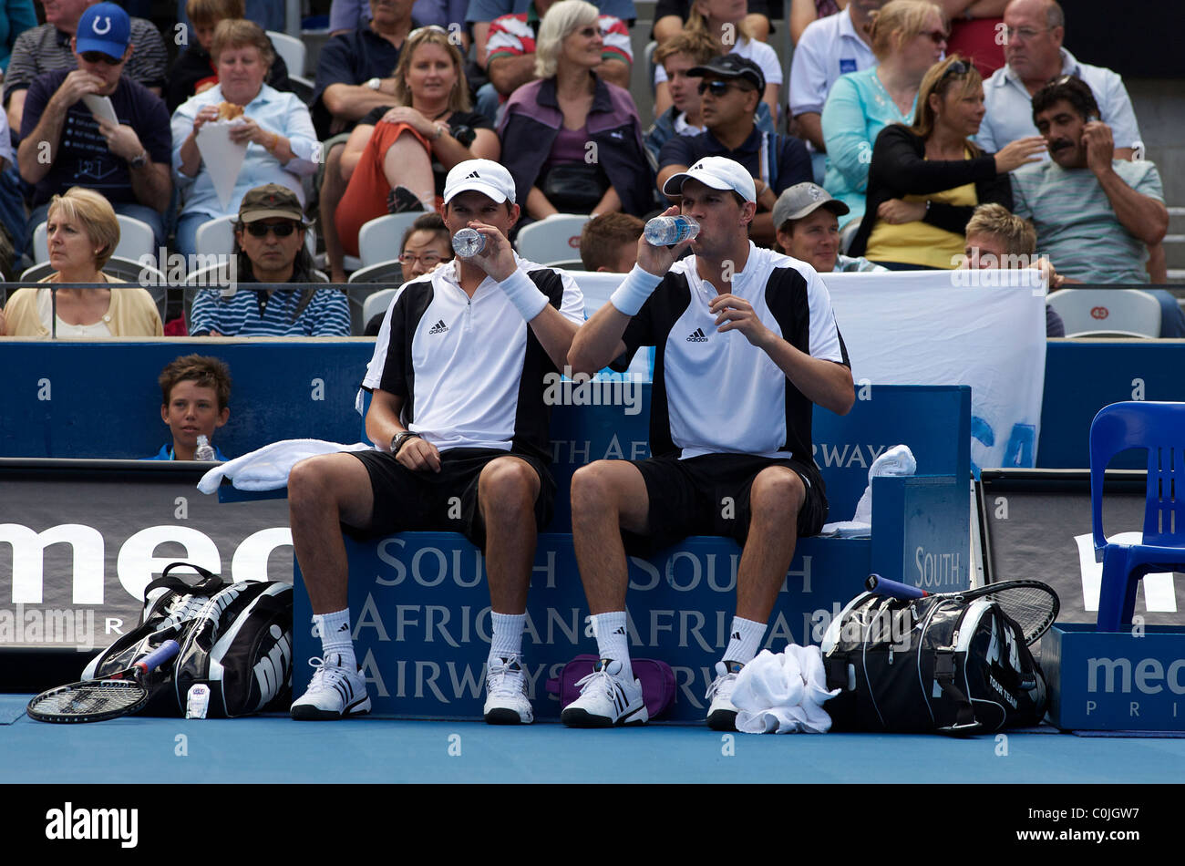 Tennis twins Bob (left) and Mike Bryan of the USA in action at the ...