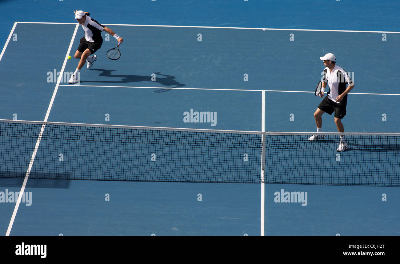 Tennis twins Bob (left) and Mike Bryan of the USA in action at the ...