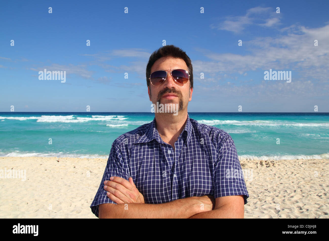 Nerd tourist mustache on caribbean beach mayan riviera Stock Photo - Alamy