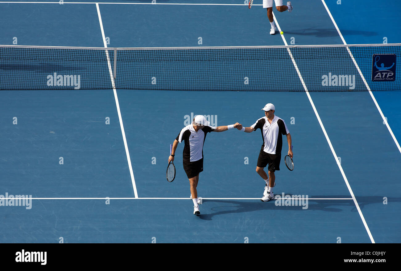 Tennis twins Bob (left) and Mike Bryan of the USA in action at the ...