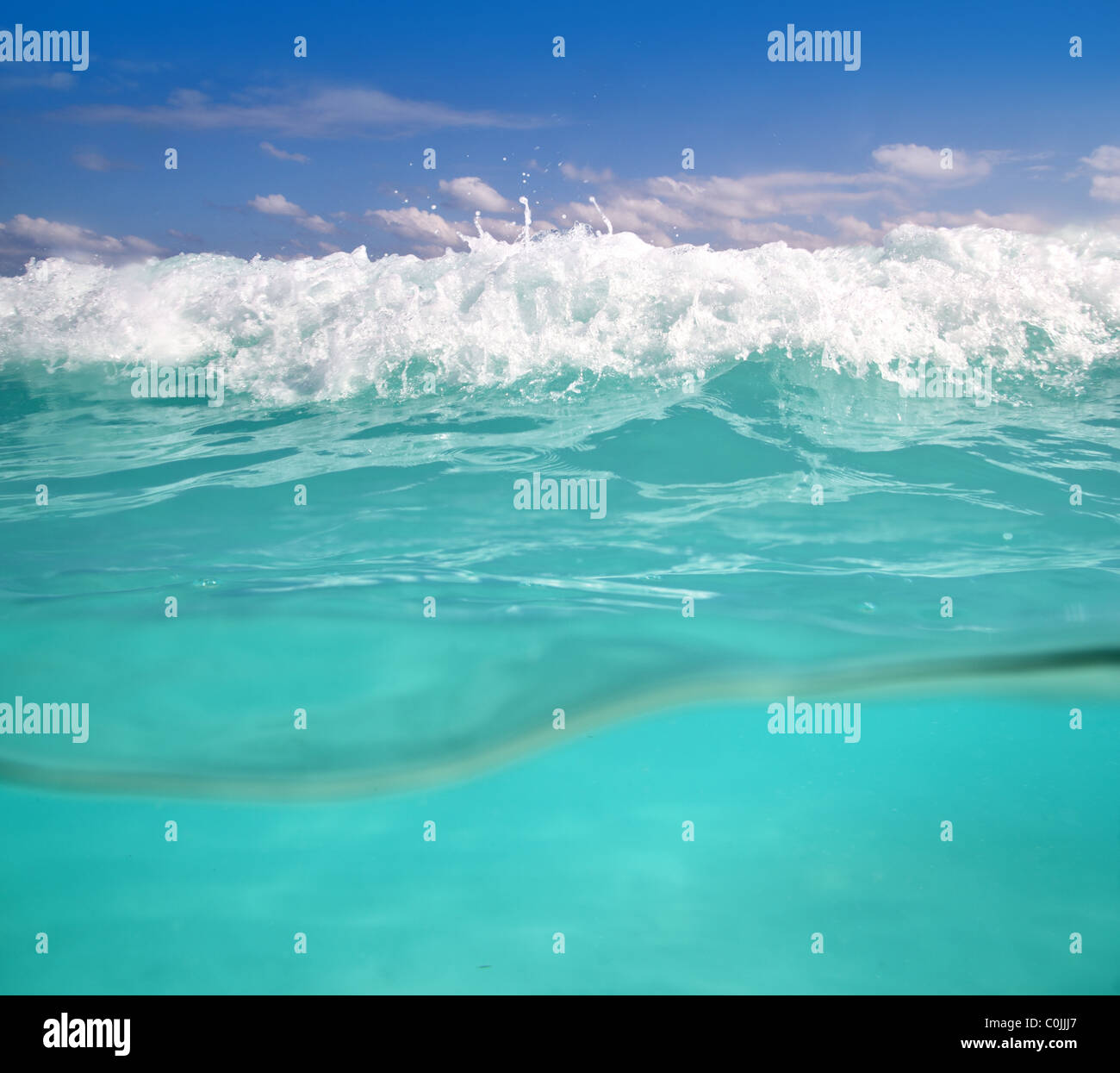 waterline caribbean sea underwater foam wave turquoise sea Stock Photo ...