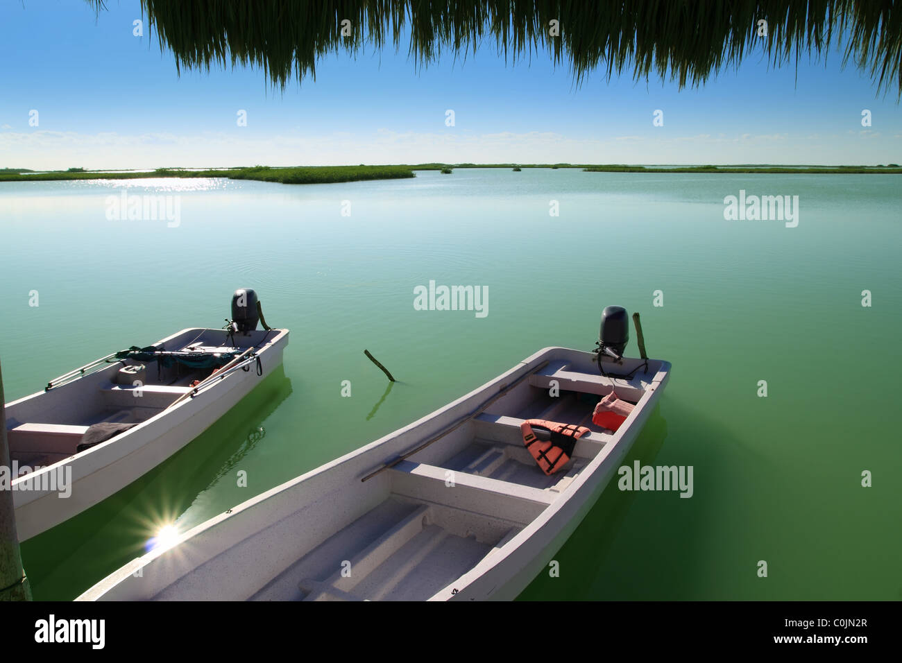 boats in pier mangrove lagoon in Mayan Riviera sian kaan Stock Photo ...