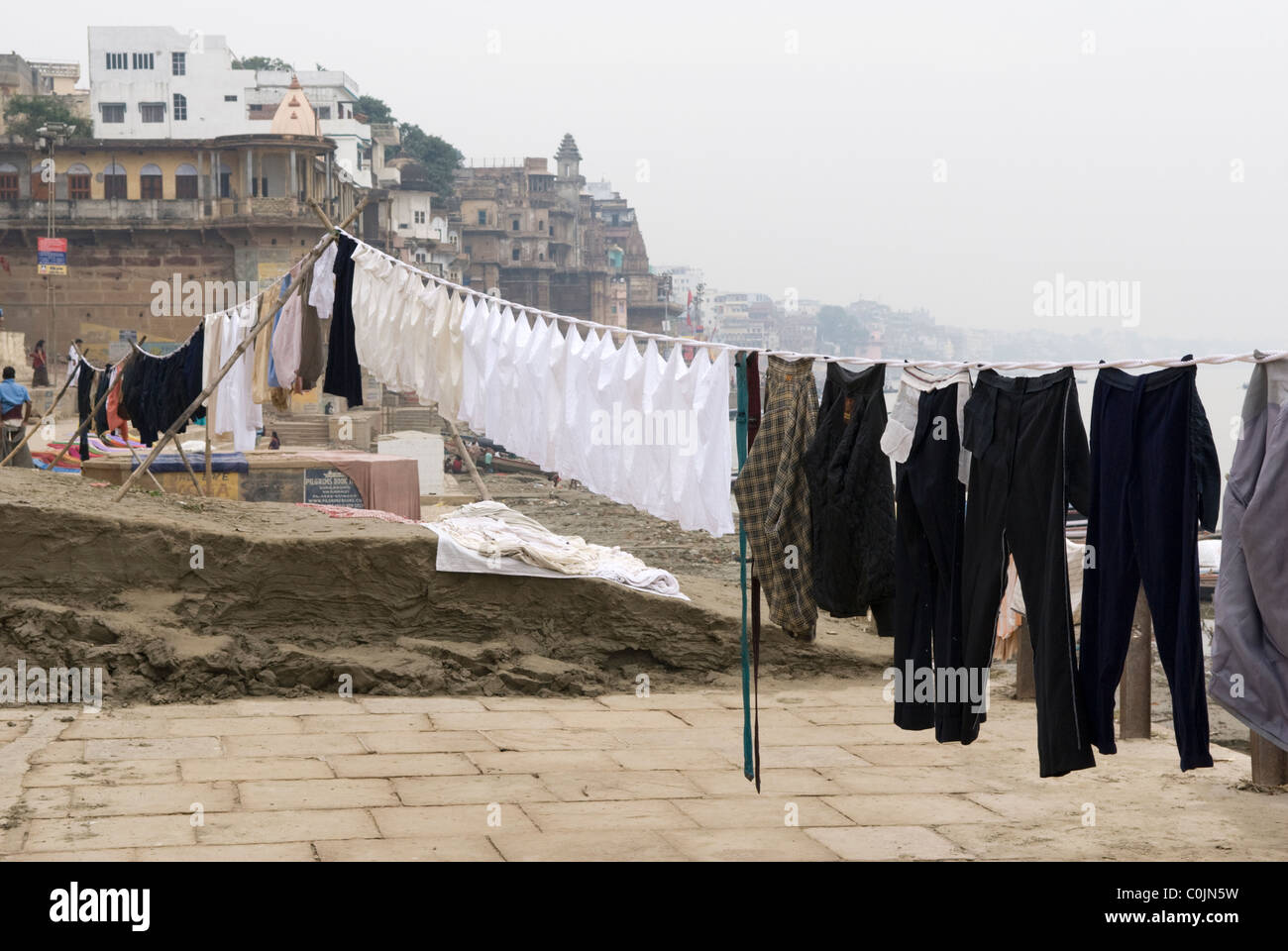 Laundry area at Dasaswamedh Ghat, River Ganges, Varanasi, India Stock ...