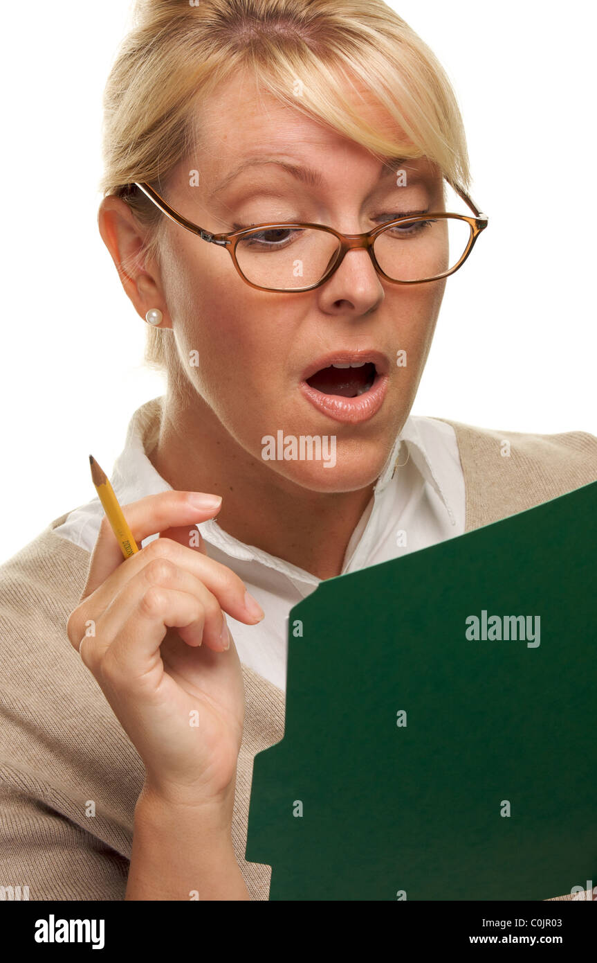 Surprised Woman with Pencil and Folder taking notes Stock Photo - Alamy