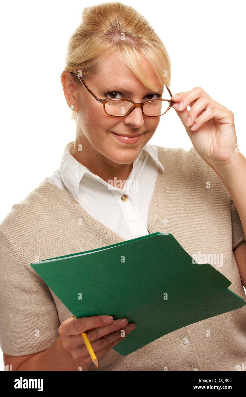 Beautiful Woman with Pencil handing over file folder isolated on White ...
