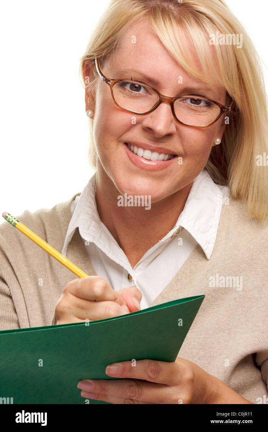 Beautiful Woman with Pencil and Folder taking notes Stock Photo - Alamy