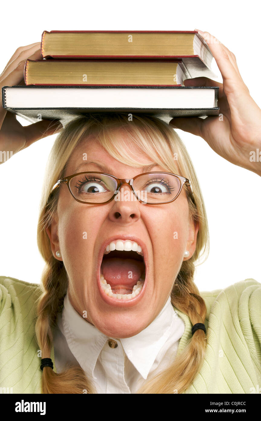 Screaming Student with Her Books Isolated on a White Background Stock ...