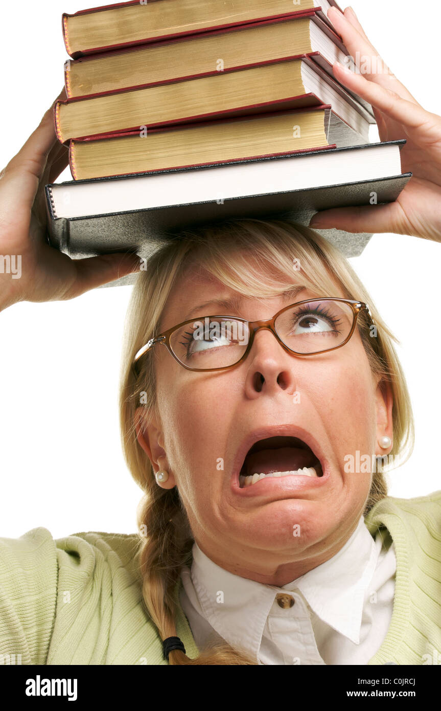 Stressed Teen with Her Books Isolated on a White Background Stock Photo ...