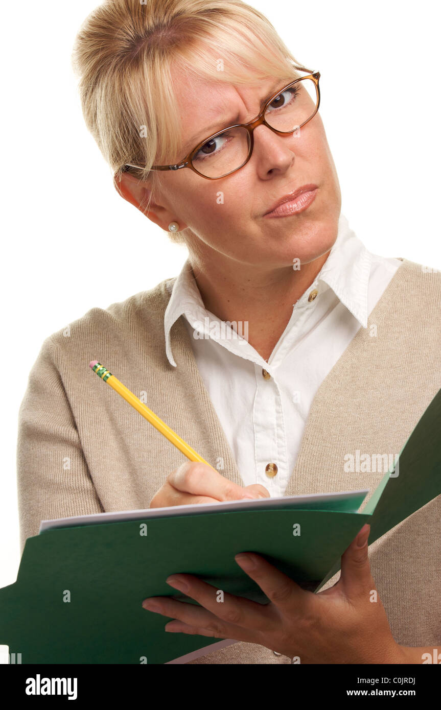 Confused Woman with Pencil and Folder taking notes Stock Photo - Alamy