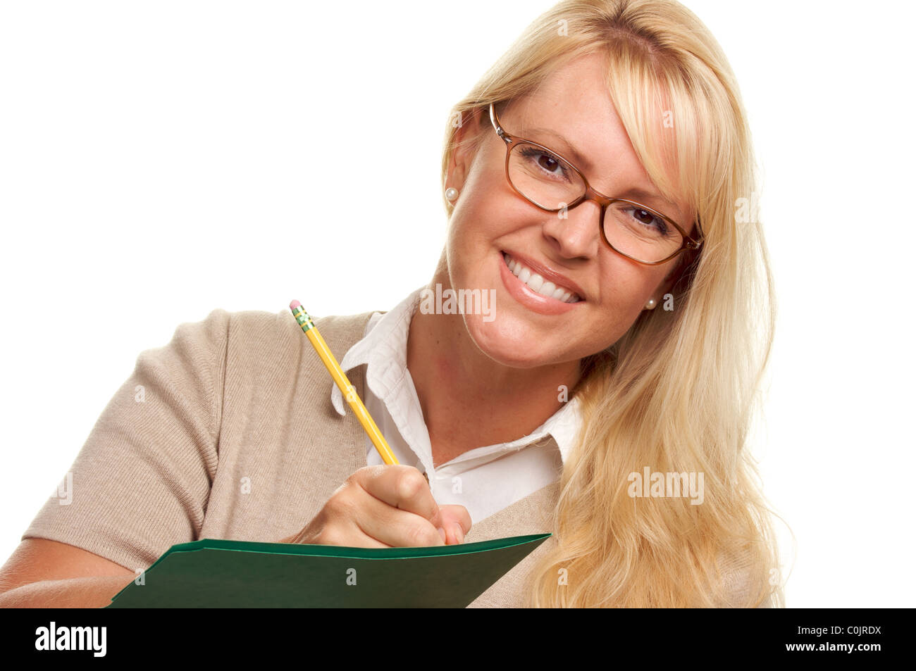 Beautiful Woman with Pencil and Folder taking notes Stock Photo - Alamy