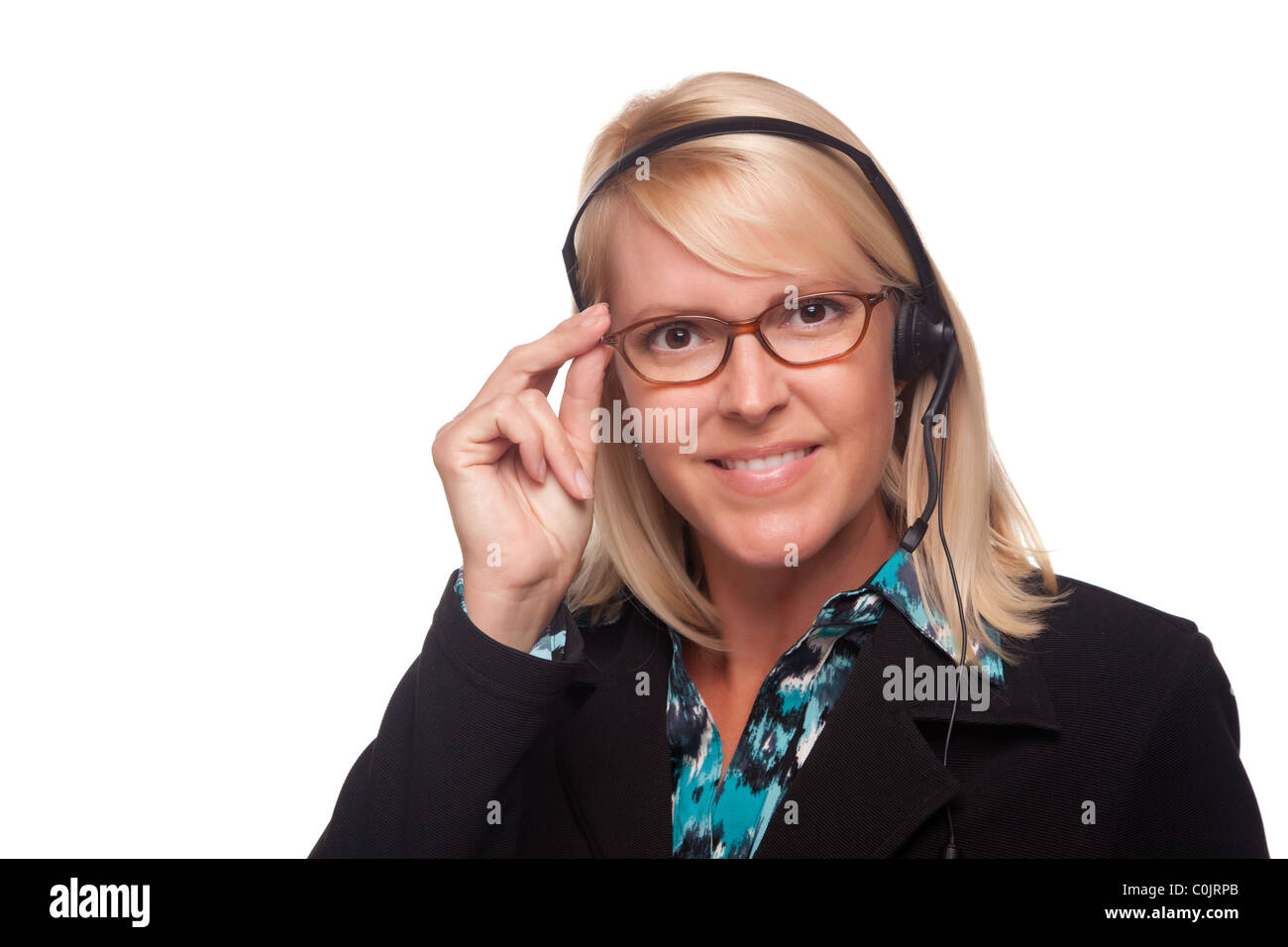 Smart Blonde Customer Support Woman with Headset Isolated on a White ...