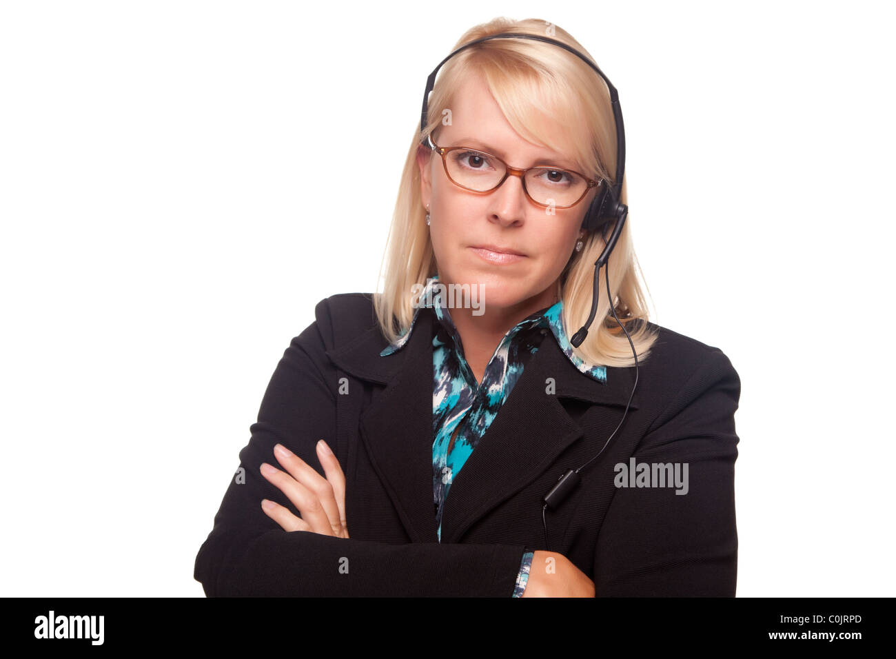 Blond woman with headset for customer support on the phone isolated ...