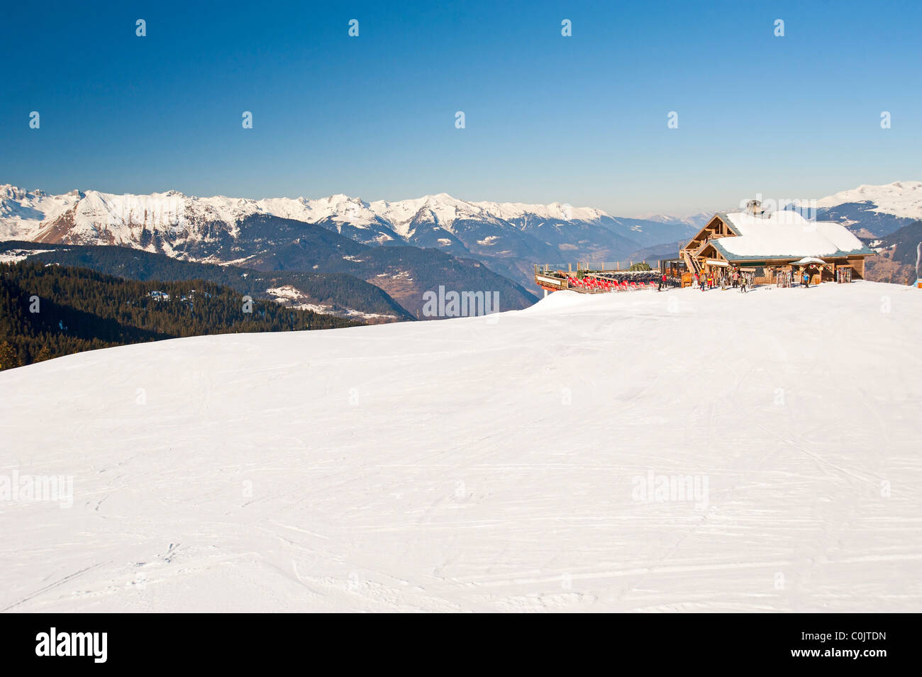 Cafe at the bottom of ski slope on a mountain with landscape view Stock ...