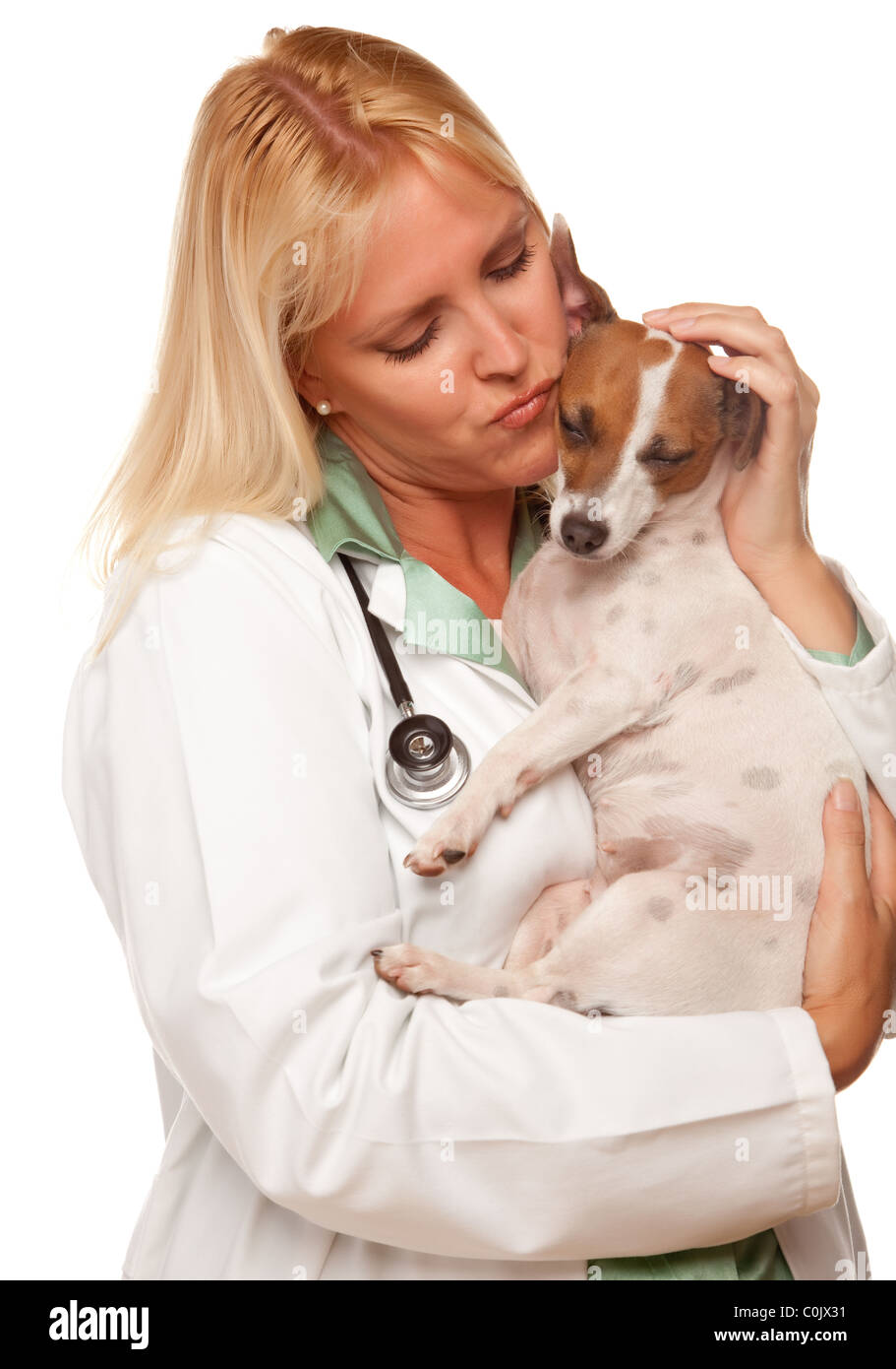 Caring Female Doctor Veterinarian Hugs Small Puppy Isolated on a White ...