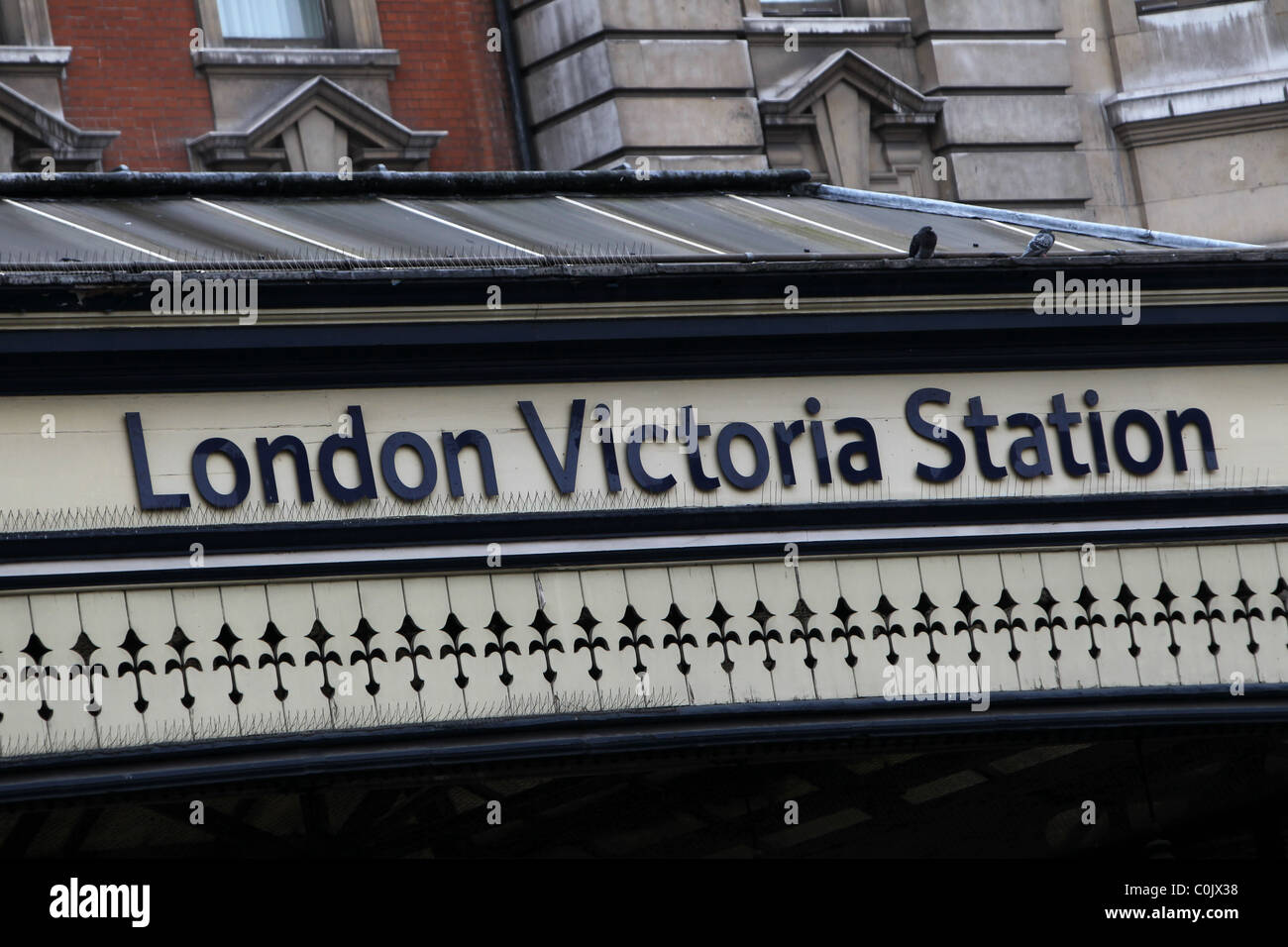 General view of the outside signage of London's Victoria Station, UK ...
