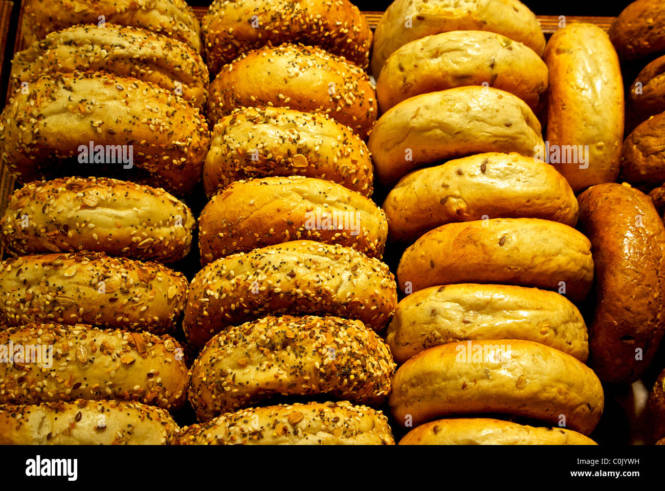 Display tray of whole grain bagels bakery Granville Island Public ...
