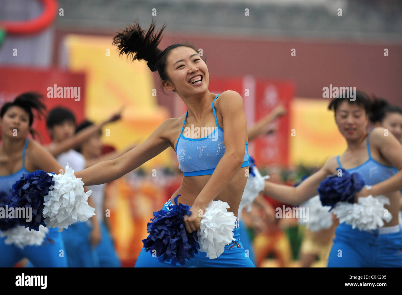 Chinese Cheerleaders during the Olympic torch relay on August 6, 2008 ...