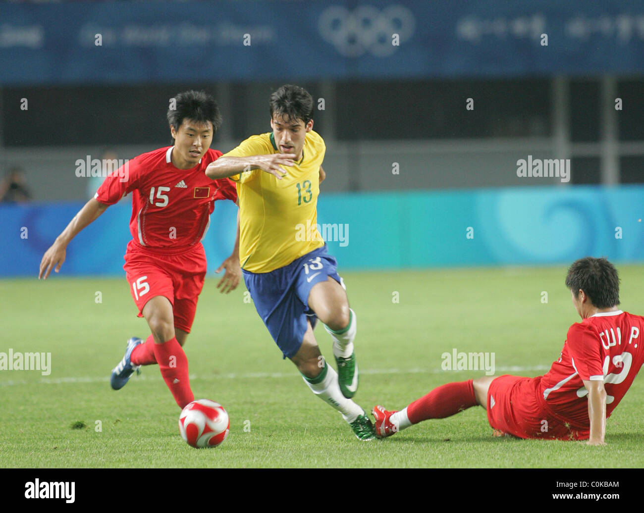 Players during the Olympic soccer match, Brazil v China at the ...