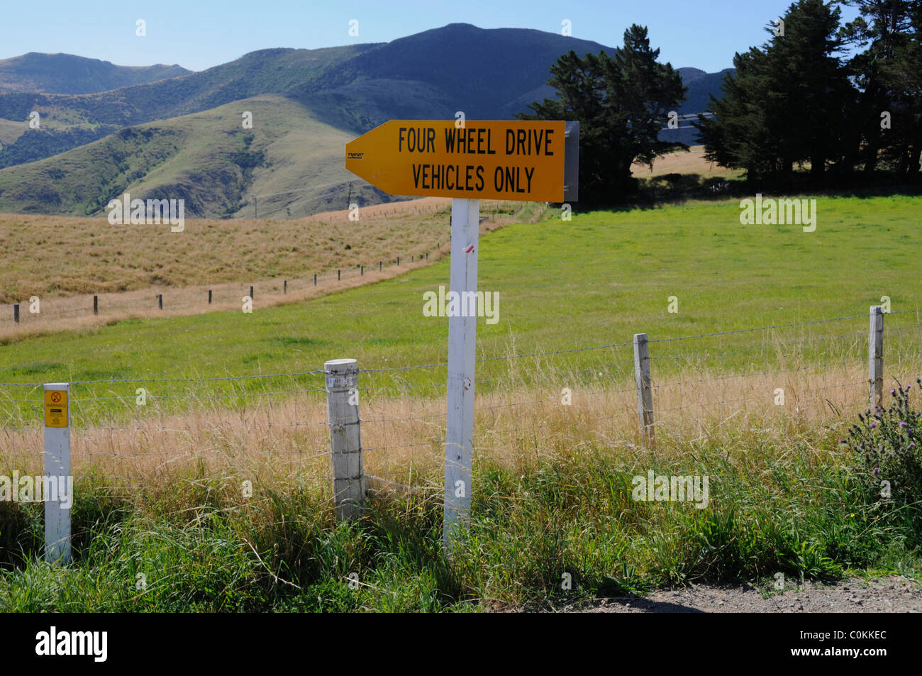 A road sign, Four-wheel drive vehicles only on South Island, New ...