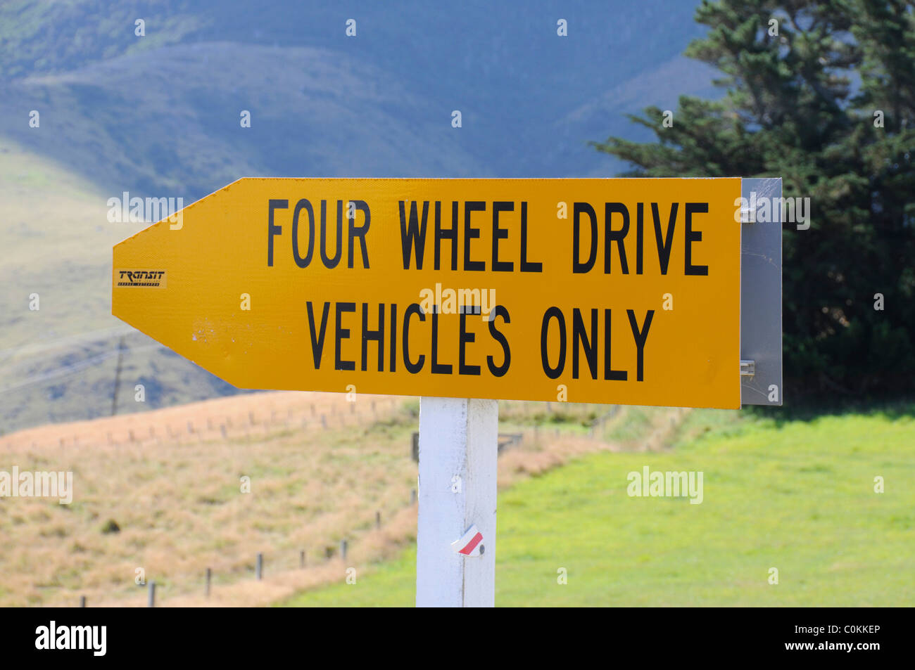 A road sign, Four-wheel drive vehicles only on South Island, New ...