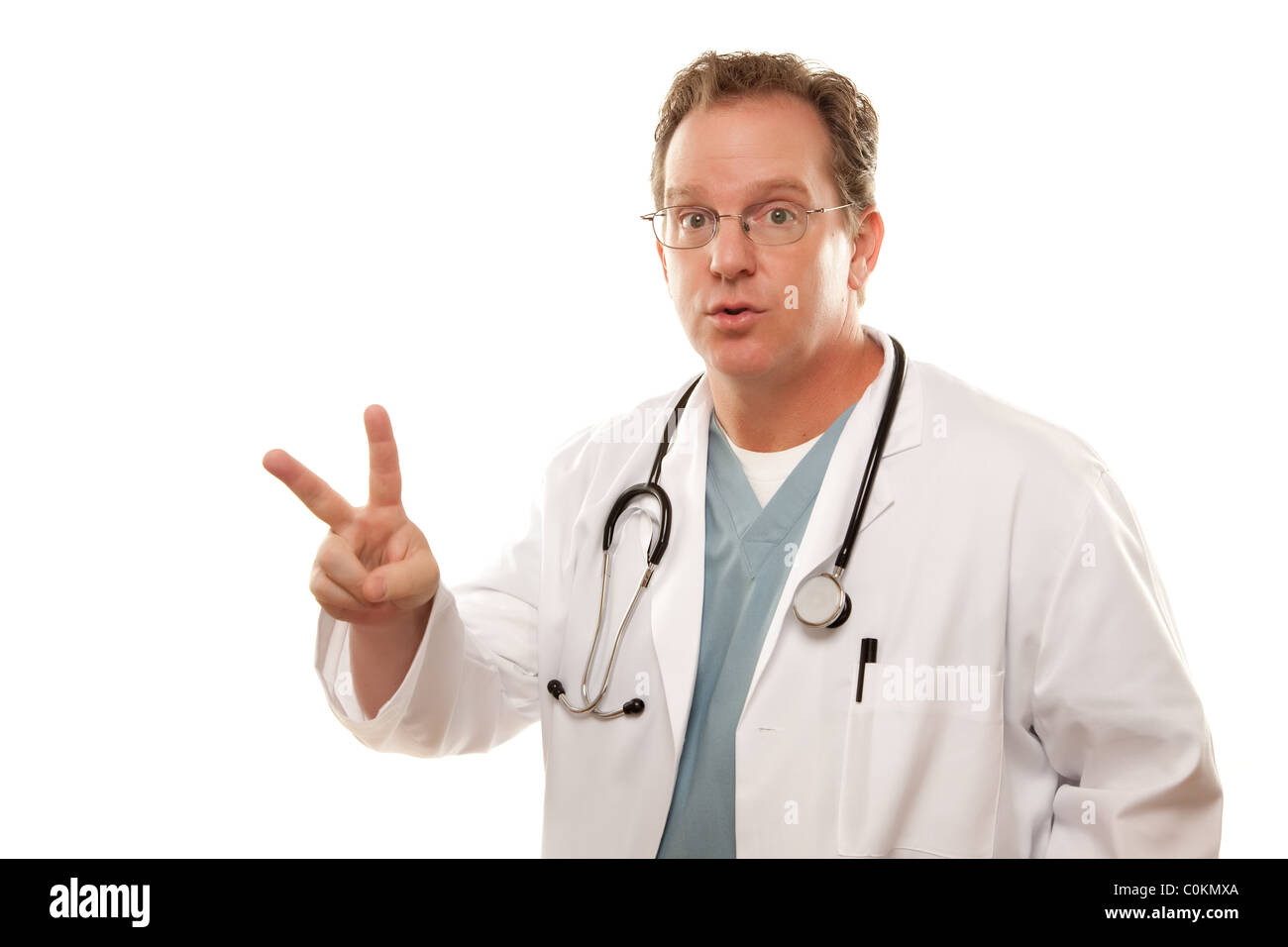 Male Doctor with Two Fingers Up Isolated on a White Background Stock ...