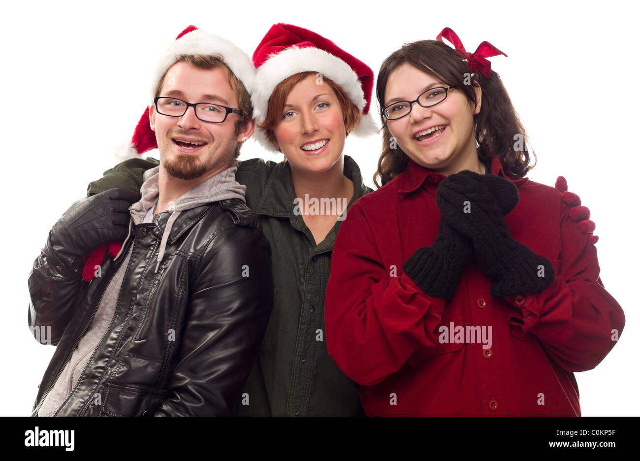 Three Friends Wearing Warm Holiday Attire Isolated on a White ...